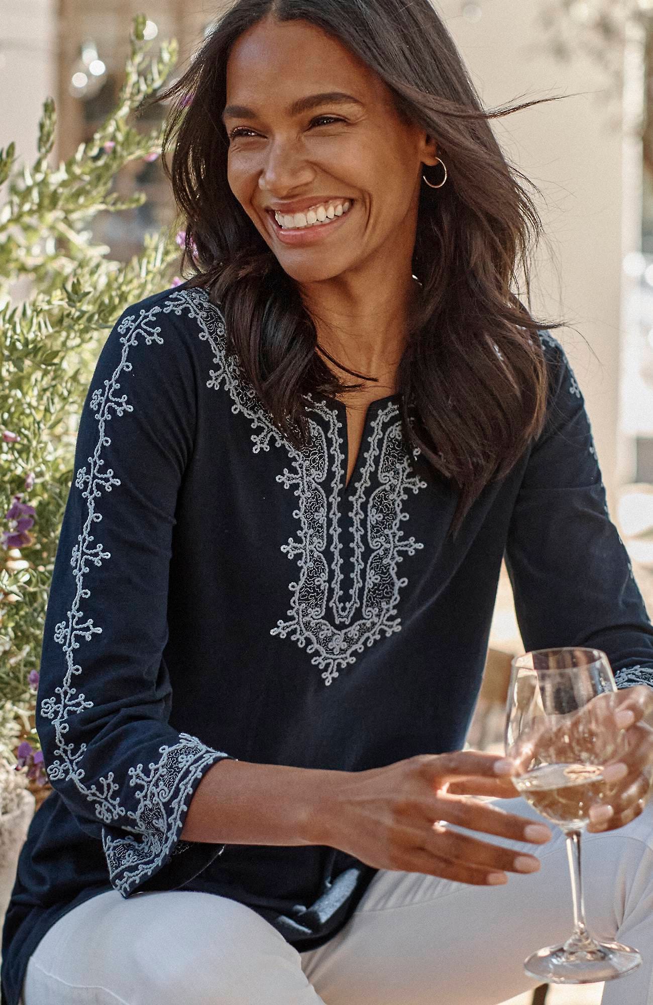 Jjill J.jill Embroidered Split-neckline Tunic In Navy Blue,pale Blue ...