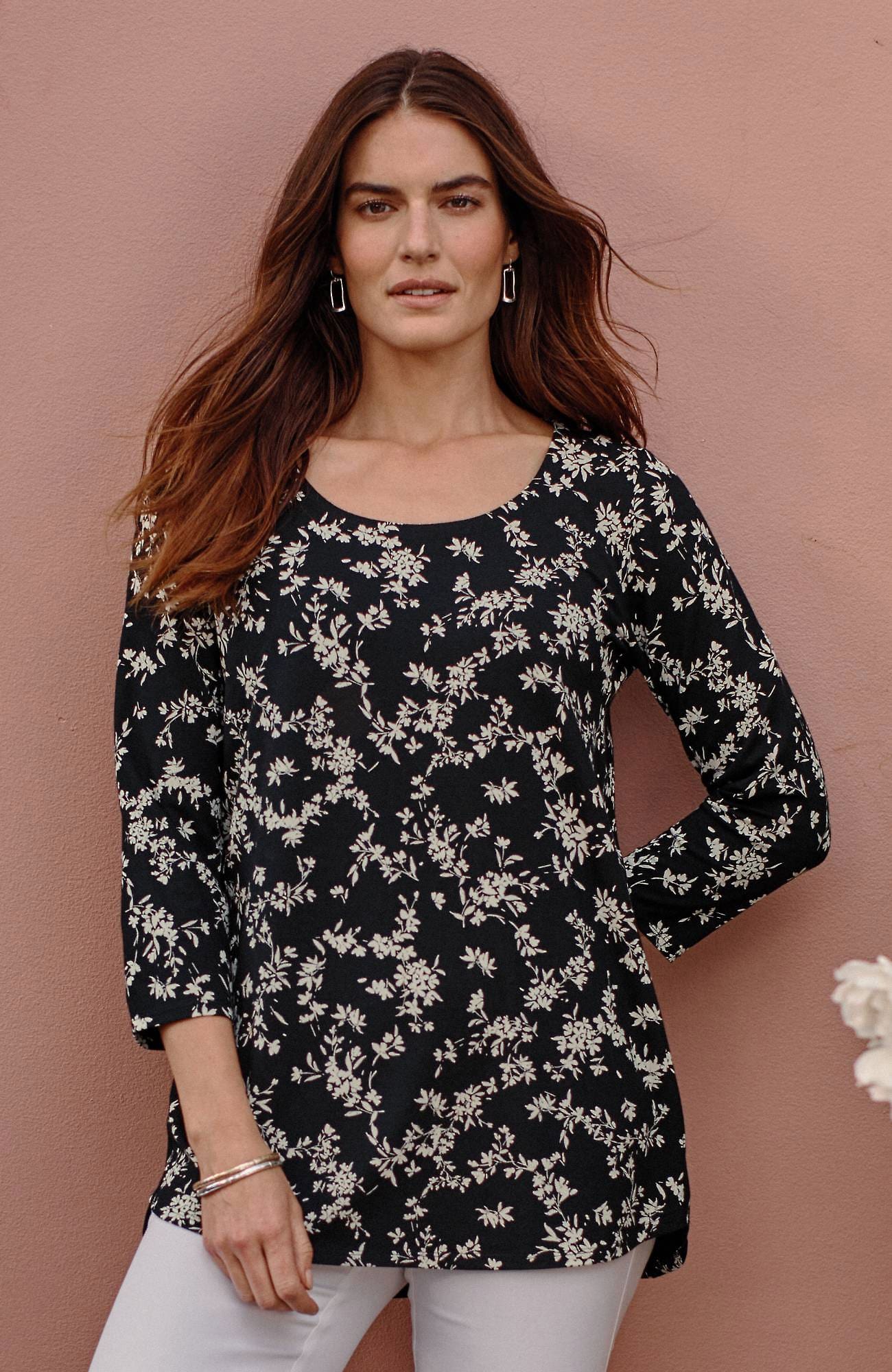 Jjill J.jill Luxe Supima® A-line Tunic In Black Delicate Daisies | ModeSens