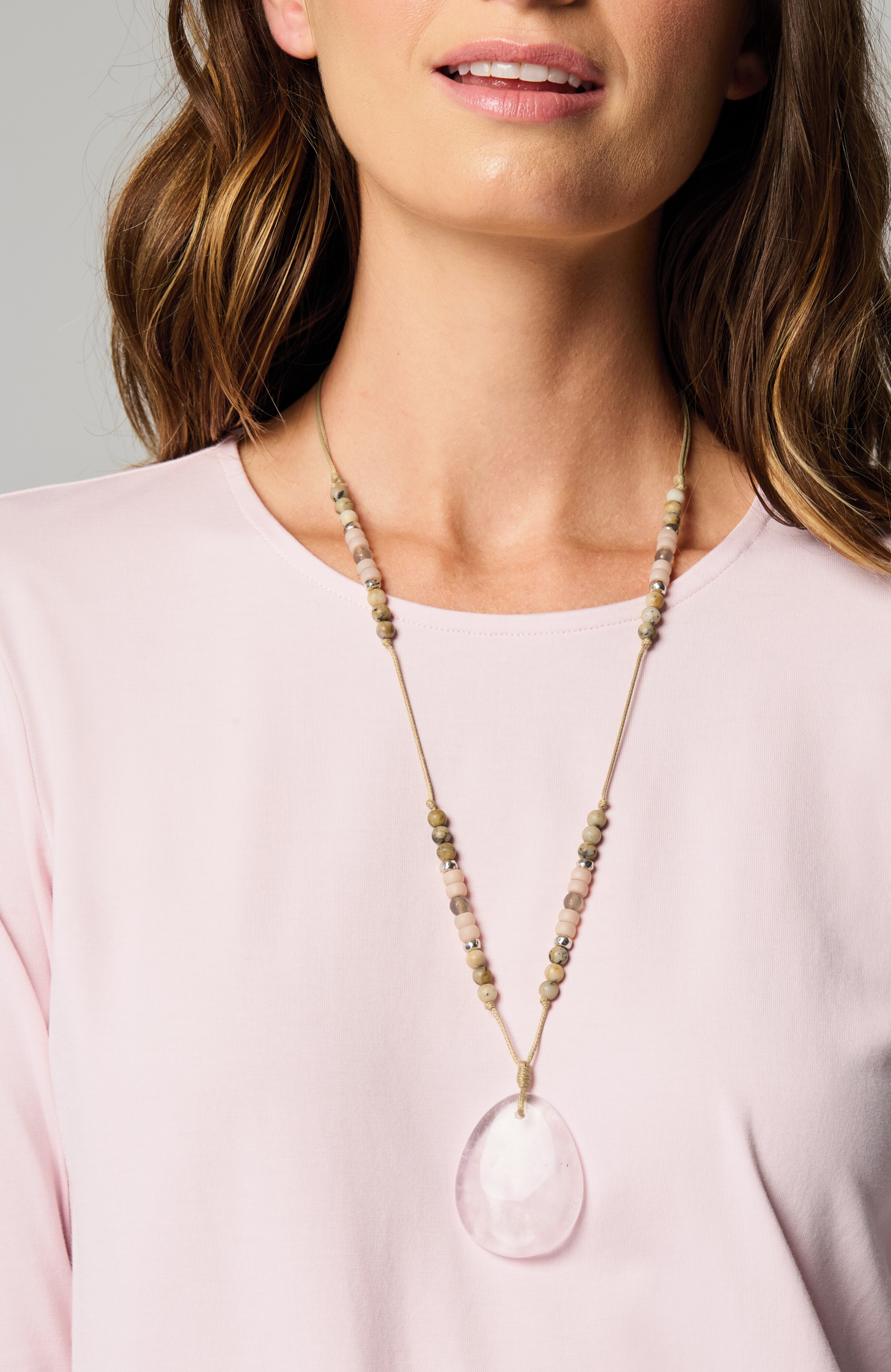 ROSE QUARTZ BEADED PENDANT NECKLACE JJill